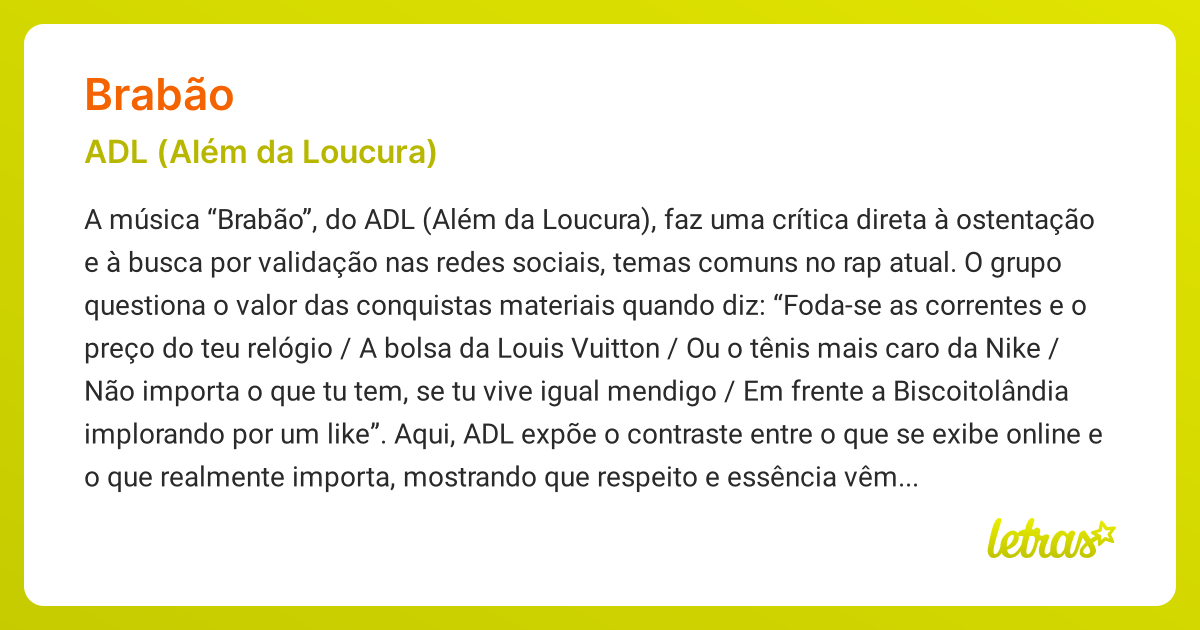 Significado da música BRABÃO (ADL (Além da Loucura)) - LETRAS.MUS.BR