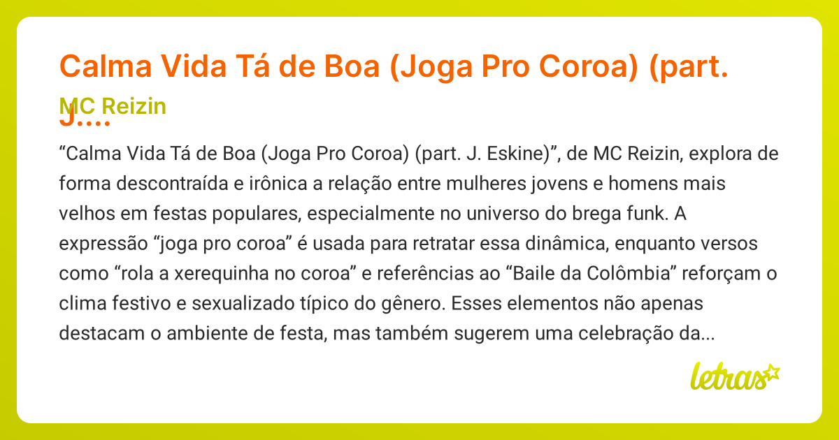 Significado da música Calma Vida Tá de Boa (Joga Pro Coroa) (part. J ...