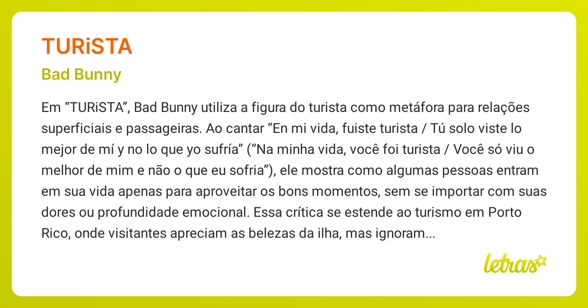 Significado da música TURISTA (Bad Bunny) - LETRAS.MUS.BR