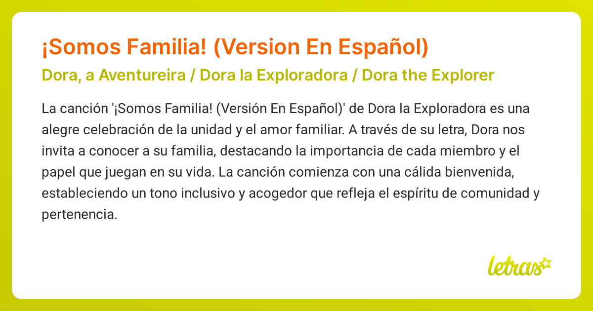 Significado de la canción ¡Somos Familia! (Version En Español) (Dora, a ...