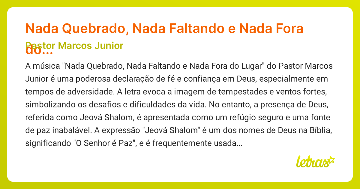 Significado da música Nada Quebrado, Nada Faltando e Nada Fora do Lugar ...