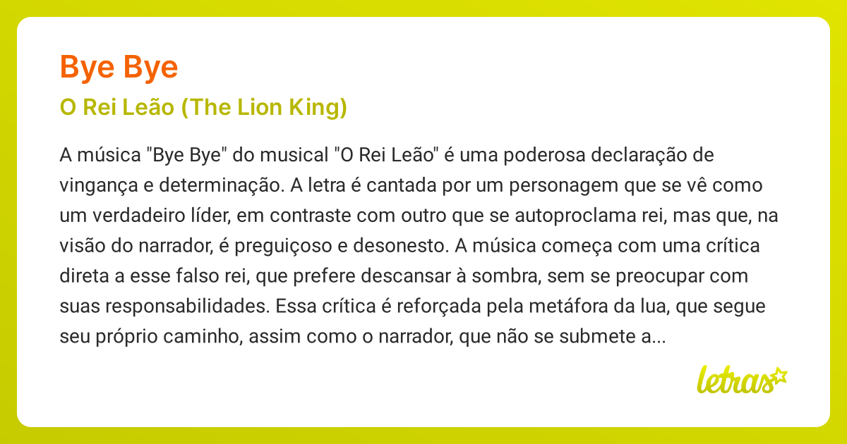 Significado da música BYE BYE (O Rei Leão (The Lion King)) - LETRAS.MUS.BR