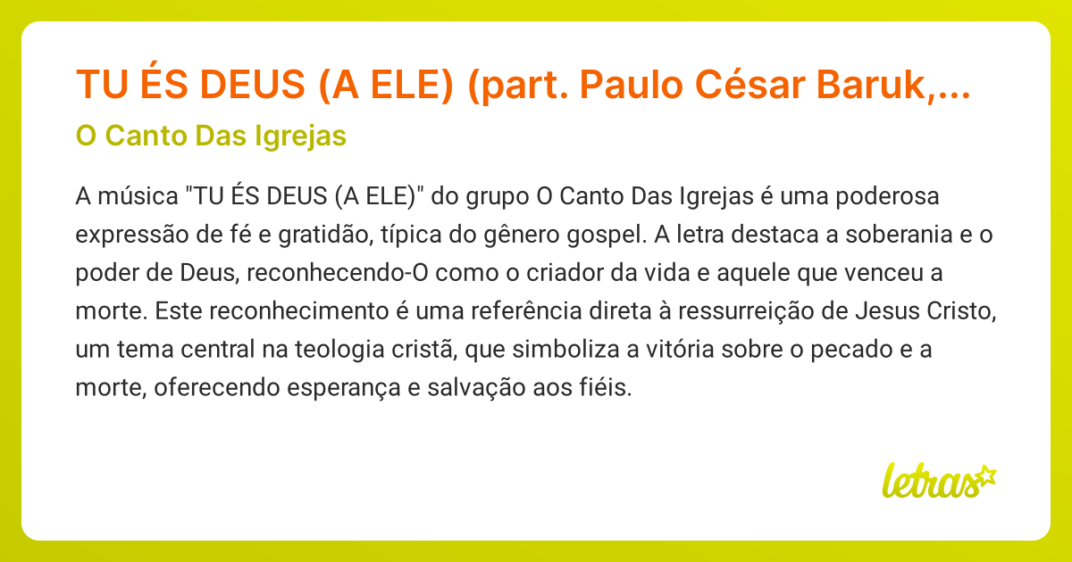 Significado da música TU ÉS DEUS (A ELE) (part. Paulo César Baruk ...