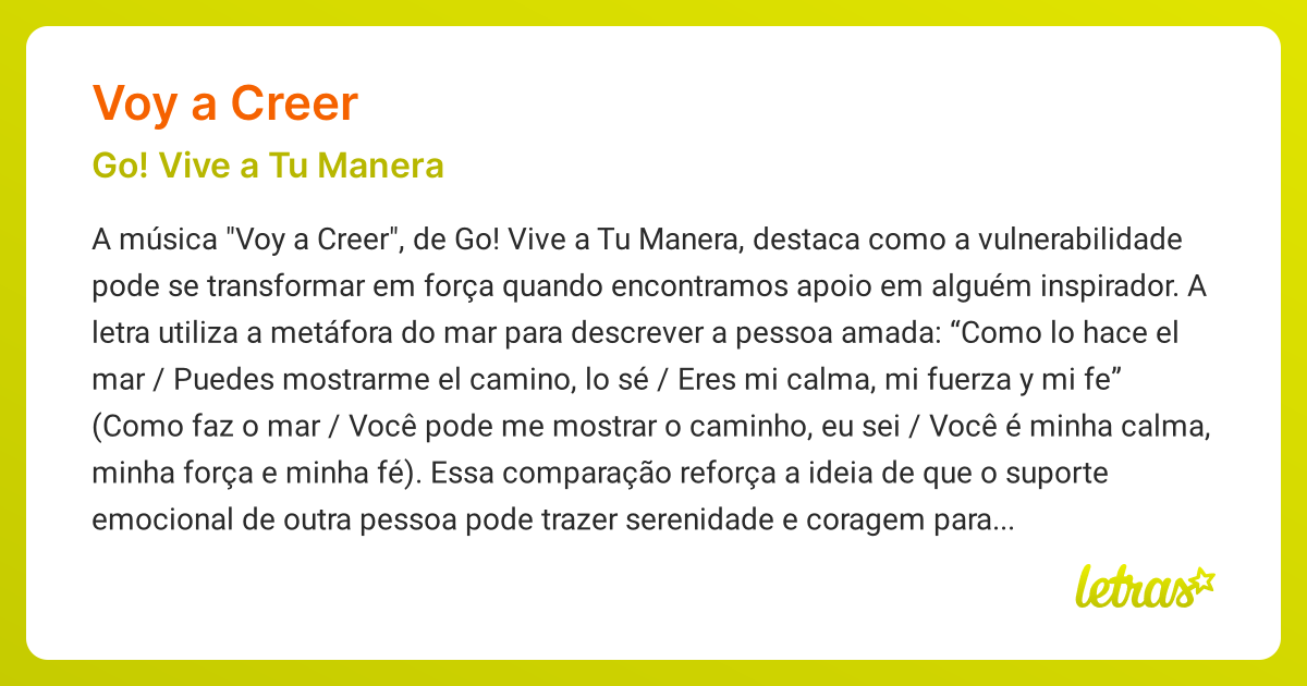 Significado da música VOY A CREER (Go! Vive a Tu Manera) - LETRAS.MUS.BR