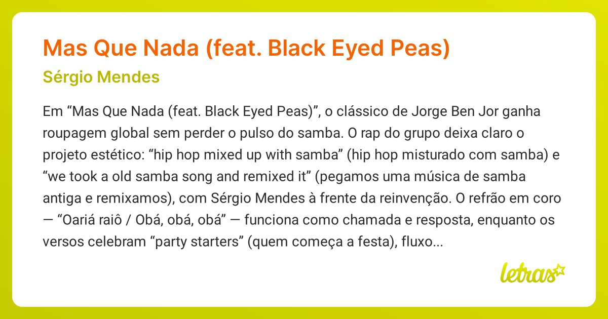 Significado da música Mas Que Nada (feat. Black Eyed Peas) (Sérgio ...