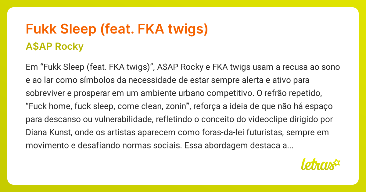 Significado da música FUKK SLEEP (FEAT. FKA TWIGS) (A$AP Rocky ...