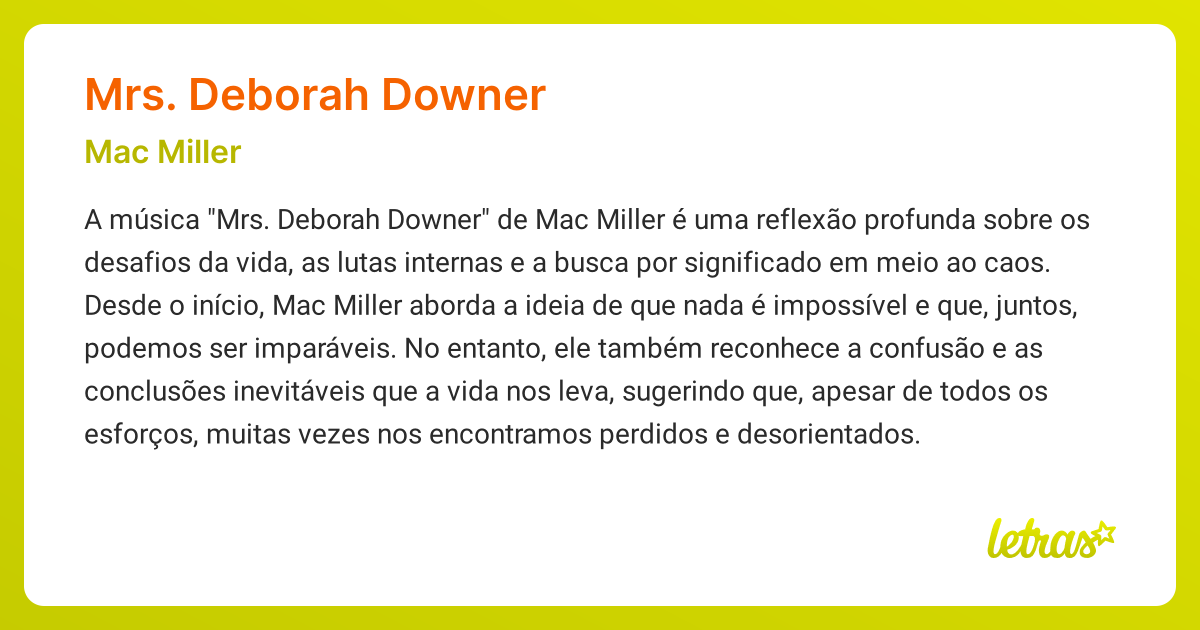 Significado da música MRS. DEBORAH DOWNER (Mac Miller) - LETRAS.MUS.BR
