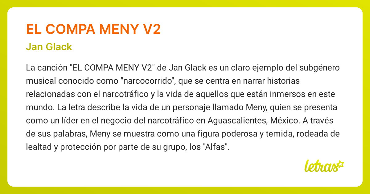 Significado de la canción EL COMPA MENY V2 (Jan Glack) - LETRAS.COM