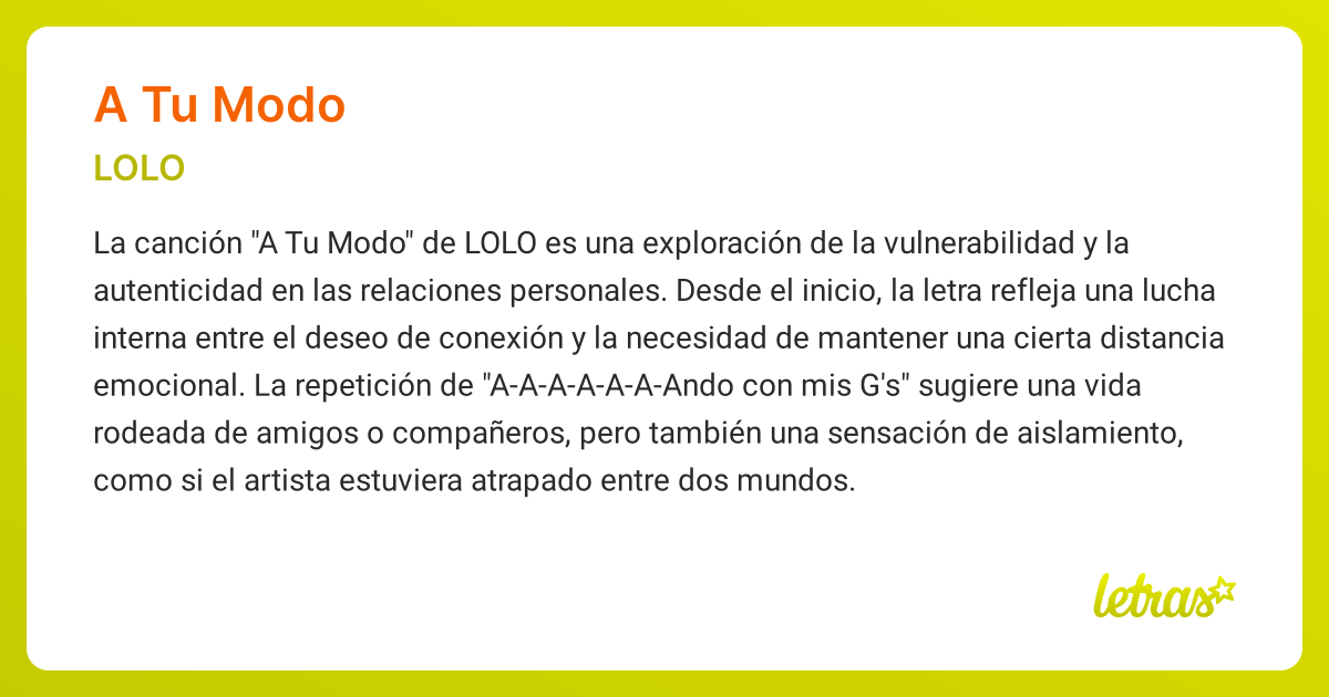 Significado de la canción A TU MODO (LOLO) - LETRAS.COM