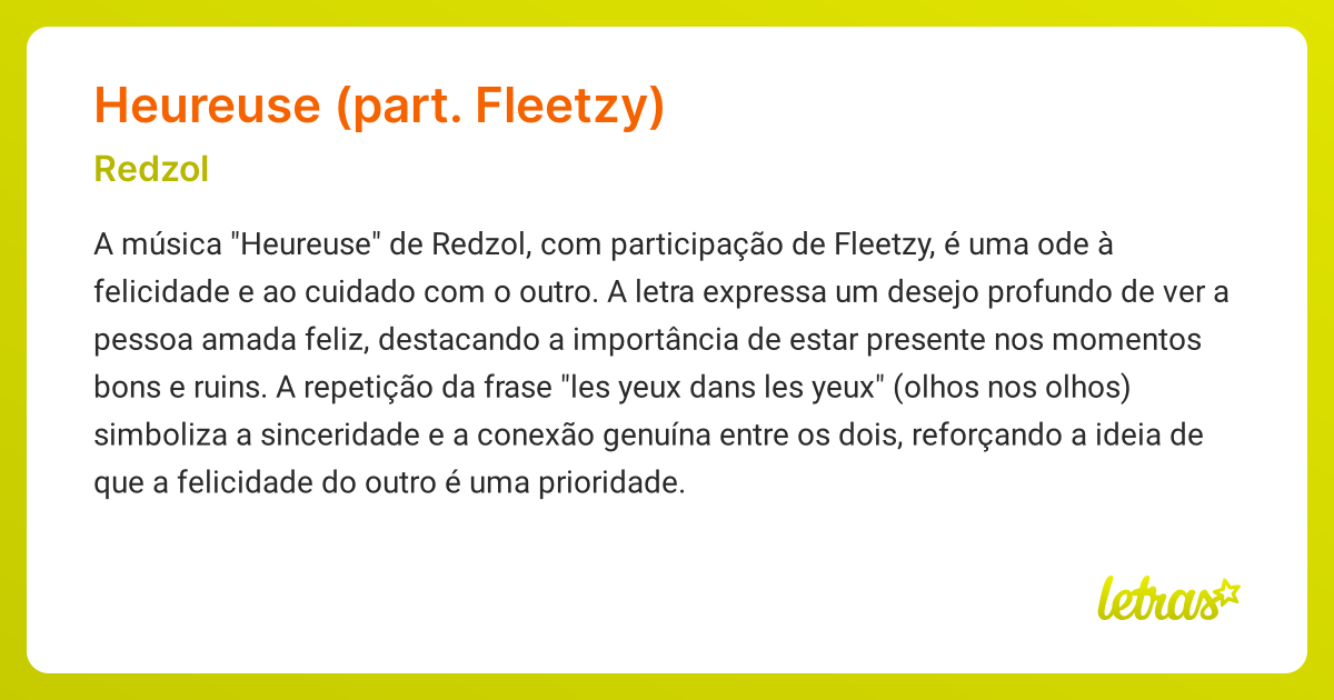 Significado da música HEUREUSE (PART. FLEETZY) (Redzol) - LETRAS.MUS.BR