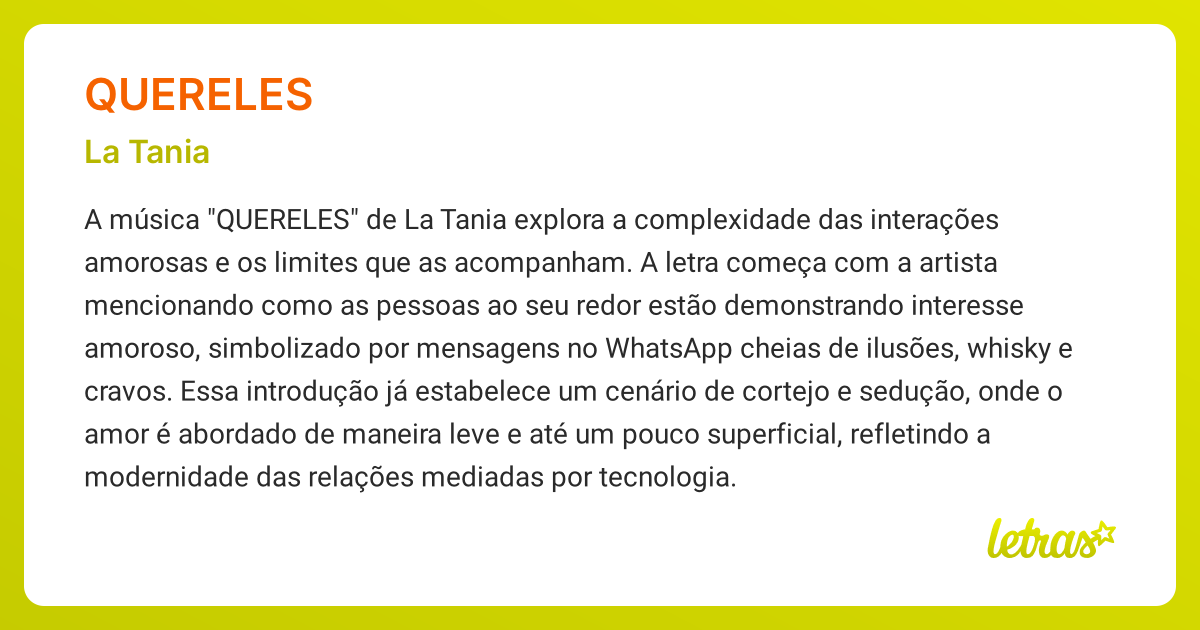 Significado da música QUERELES (La Tania) - LETRAS.MUS.BR