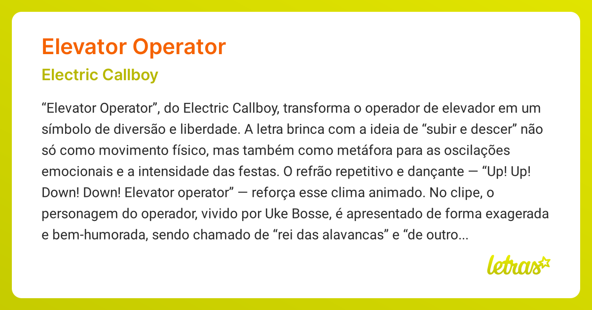 Significado da música ELEVATOR OPERATOR (Electric Callboy) - LETRAS.MUS.BR