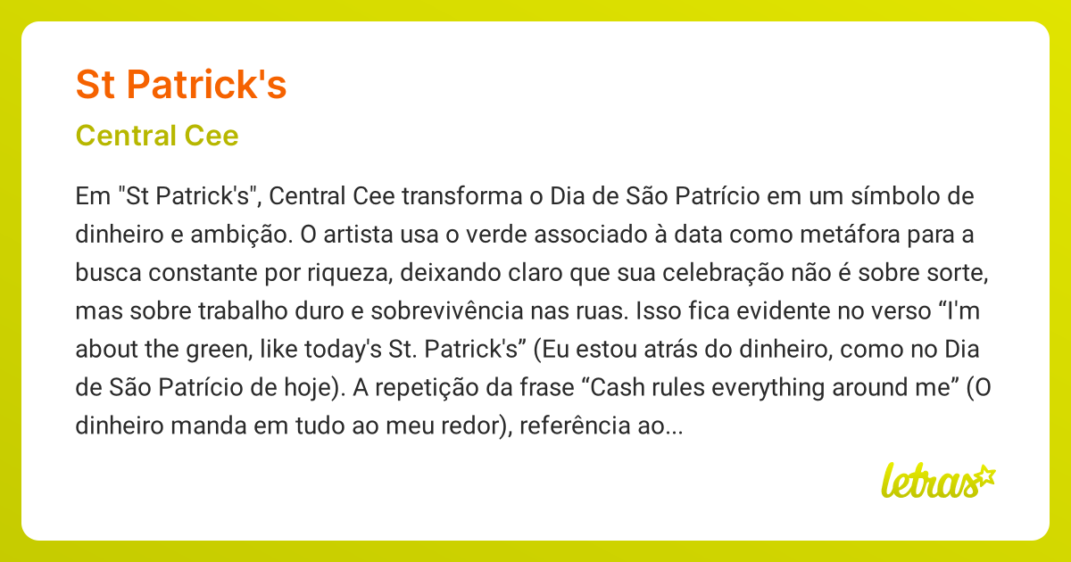 Significado da música ST PATRICK'S (Central Cee) - LETRAS.MUS.BR