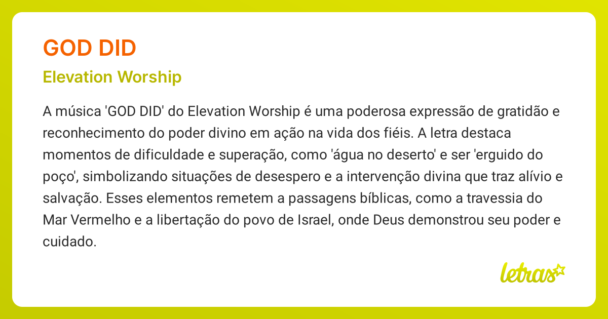 Significado da música GOD DID (Elevation Worship) - LETRAS.MUS.BR
