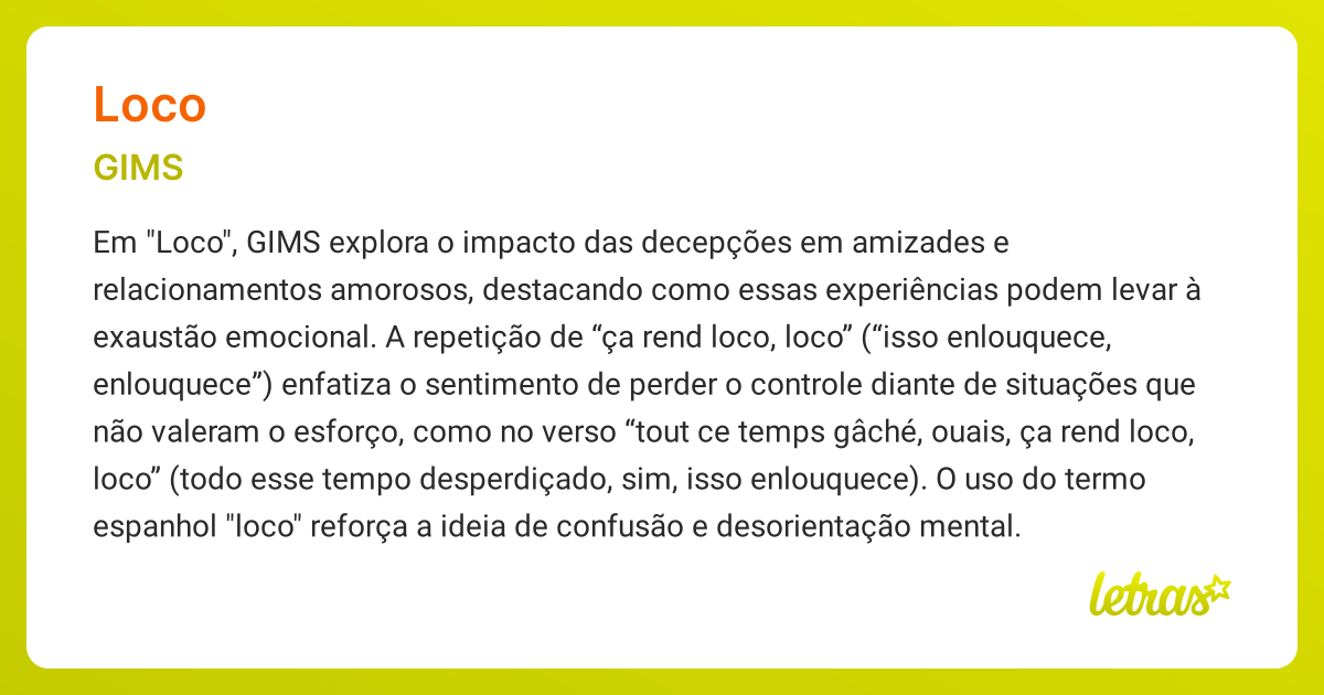 Significado da música LOCO (GIMS) - LETRAS.MUS.BR