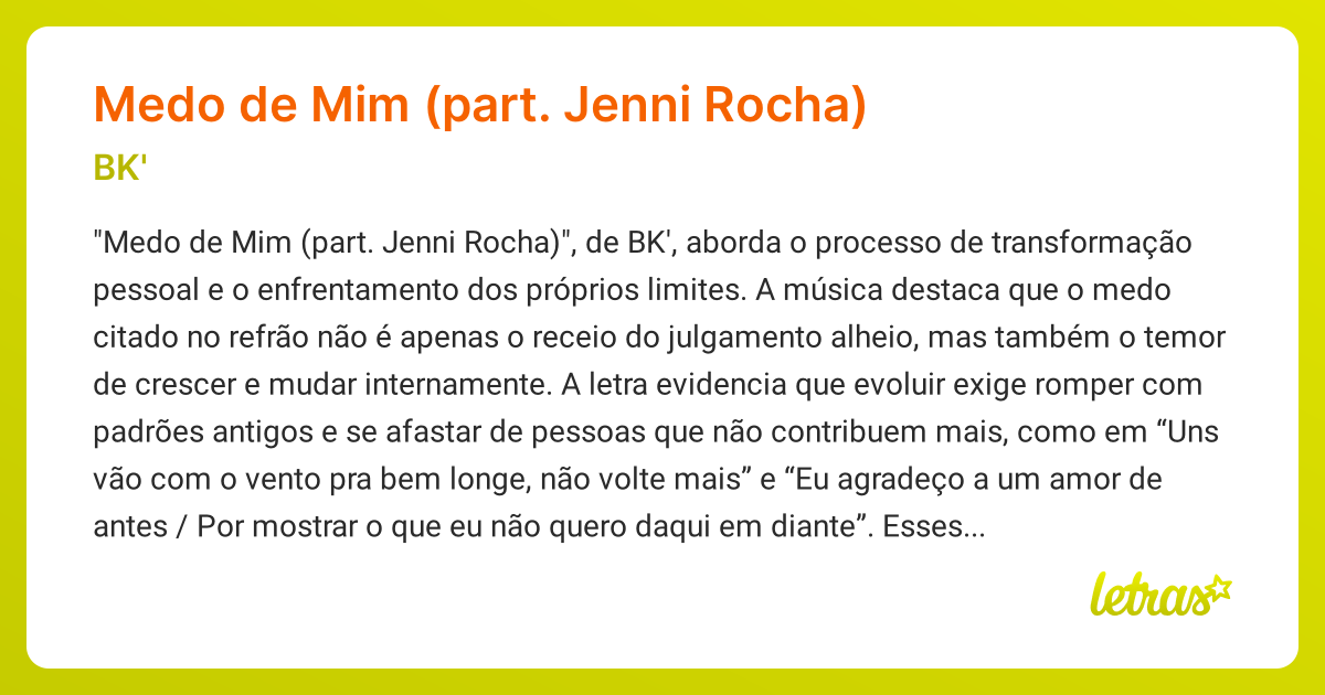 Significado da música Medo de Mim (part. Jenni Rocha) (BK') - LETRAS.MUS.BR