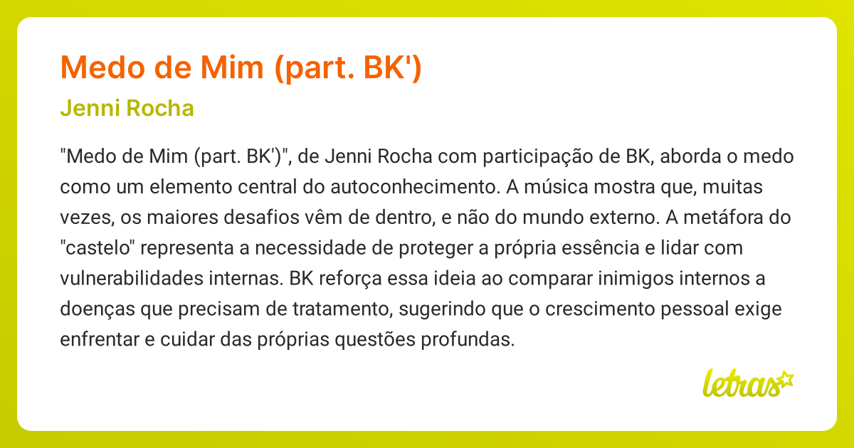 Significado da música MEDO DE MIM (PART. BK') (Jenni Rocha) - LETRAS.MUS.BR