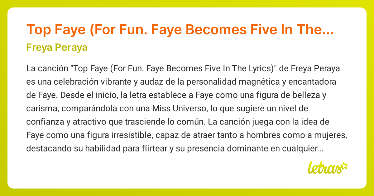 Significado de la canción Top Faye (For Fun. Faye Becomes Five In The ...