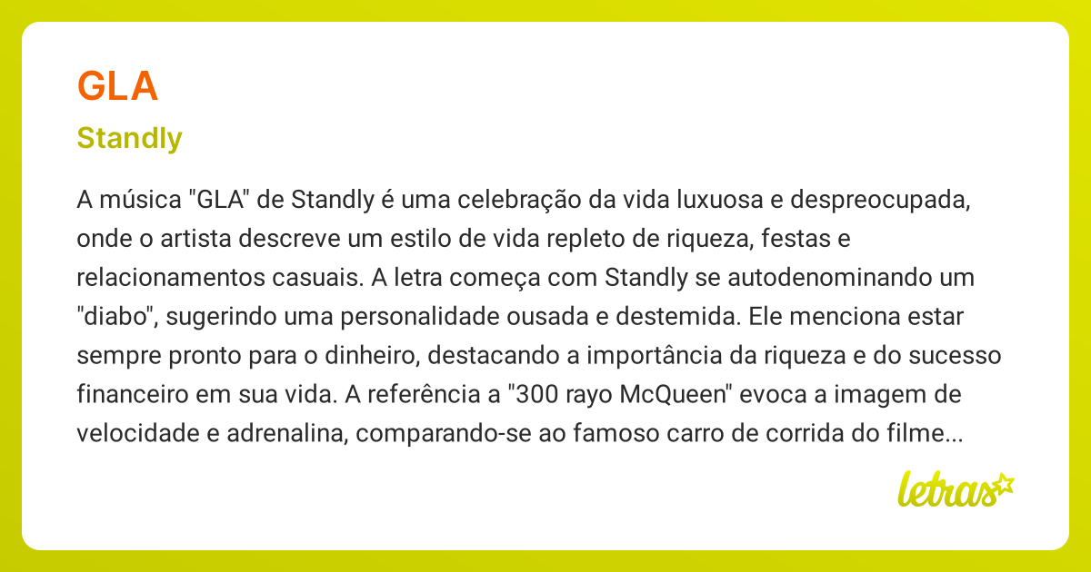 Significado da música GLA (Standly) - LETRAS.MUS.BR