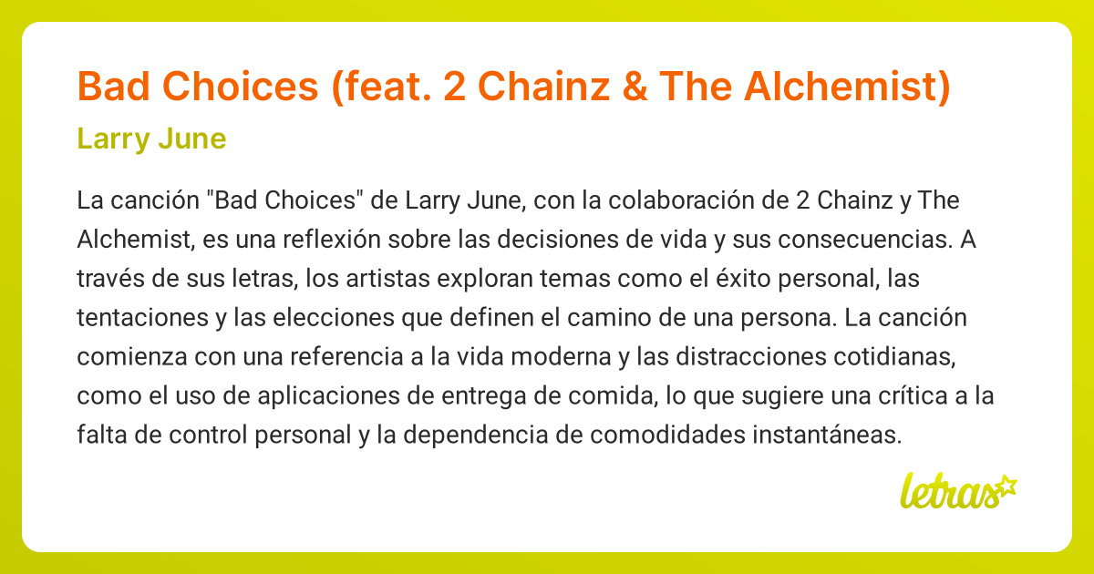 Significado de la canción Bad Choices (feat. 2 Chainz & The Alchemist ...