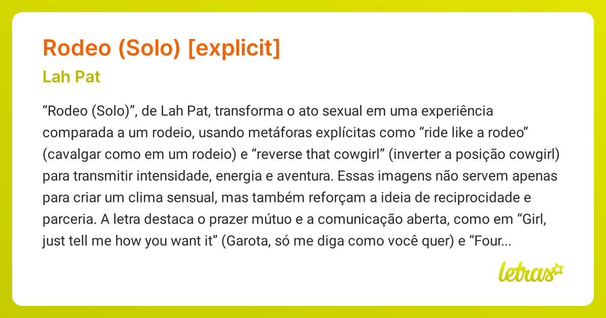Significado da música RODEO (SOLO) (Lah Pat) - LETRAS.MUS.BR
