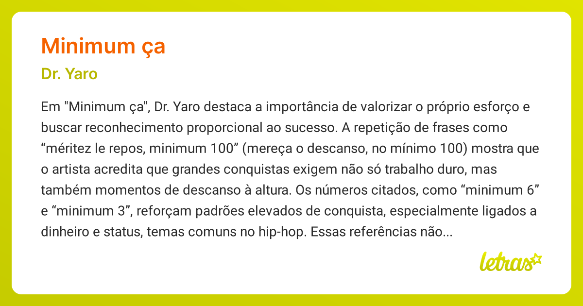 Significado da música MINIMUM ÇA (Dr. Yaro) - LETRAS.MUS.BR