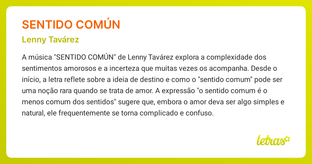 Significado da música SENTIDO COMÚN (Lenny Tavárez) - LETRAS.MUS.BR