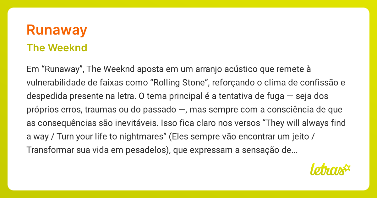 Significado da música RUNAWAY (The Weeknd) - LETRAS.MUS.BR