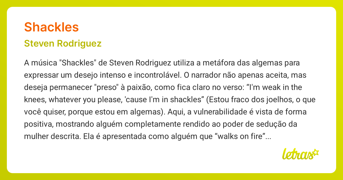 Significado da música SHACKLES (Steven Rodriguez) - LETRAS.MUS.BR