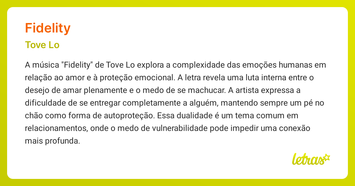 Significado da música FIDELITY (Tove Lo) - LETRAS.MUS.BR