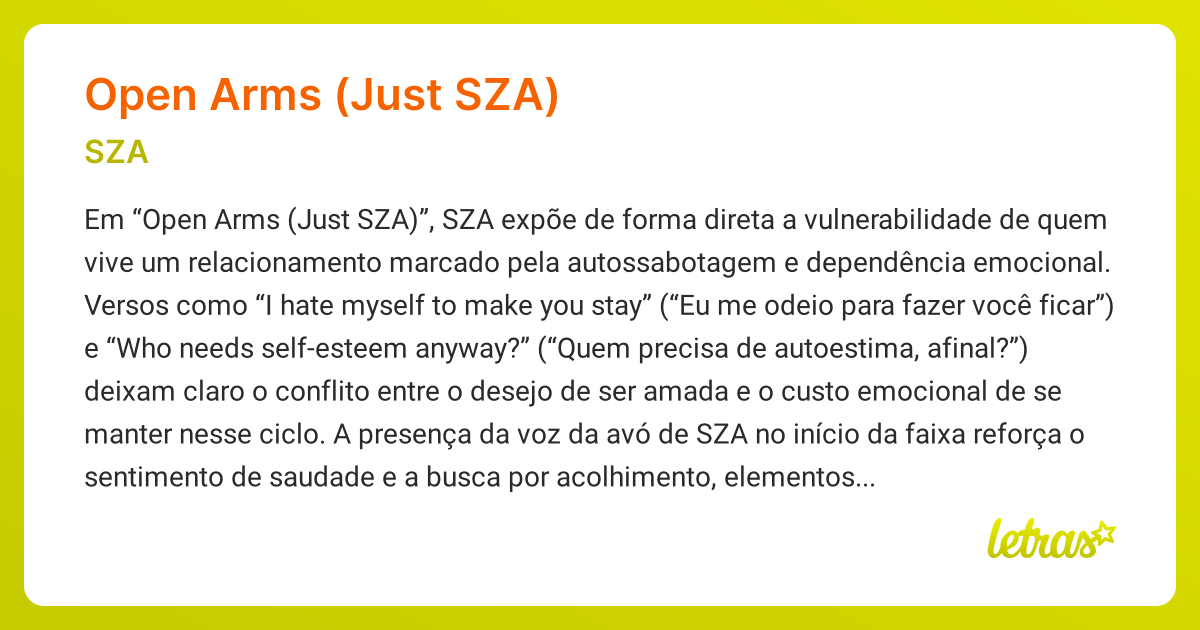 Significado da música OPEN ARMS (JUST SZA) (SZA) - LETRAS.MUS.BR