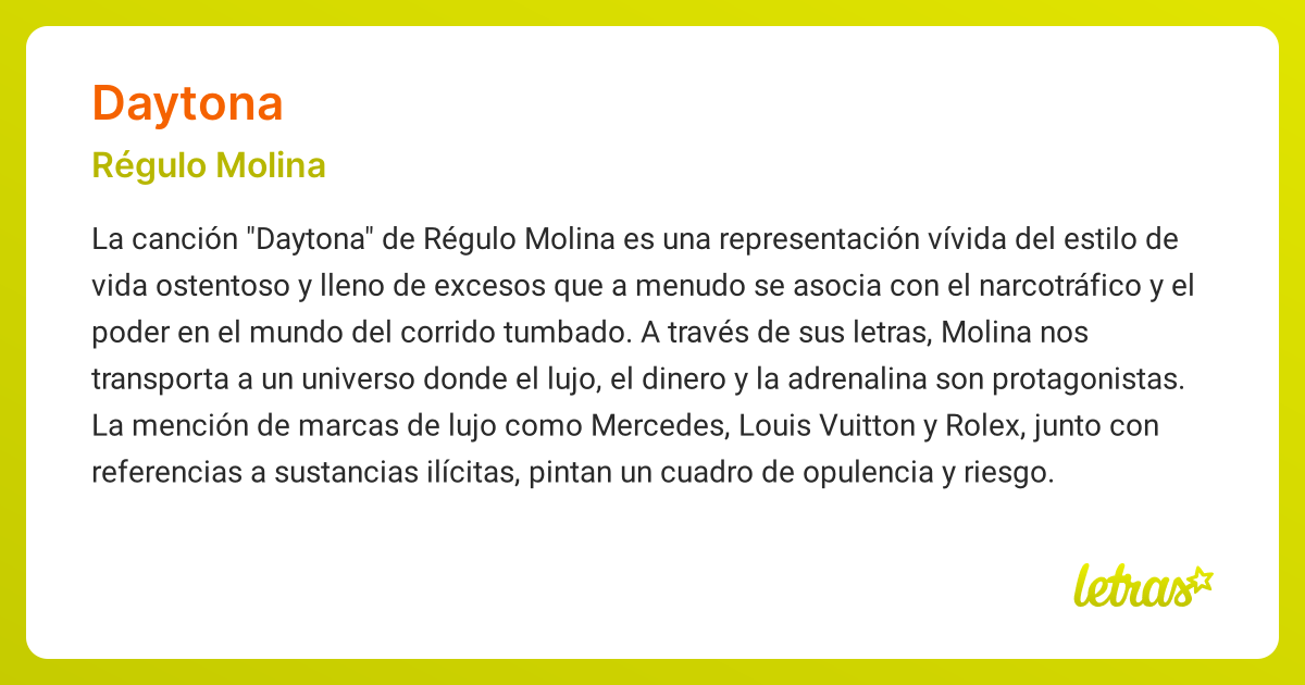 Significado de la canción DAYTONA (Régulo Molina) - LETRAS.COM