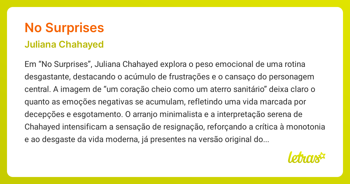Significado da música NO SURPRISES (Juliana Chahayed) - LETRAS.MUS.BR