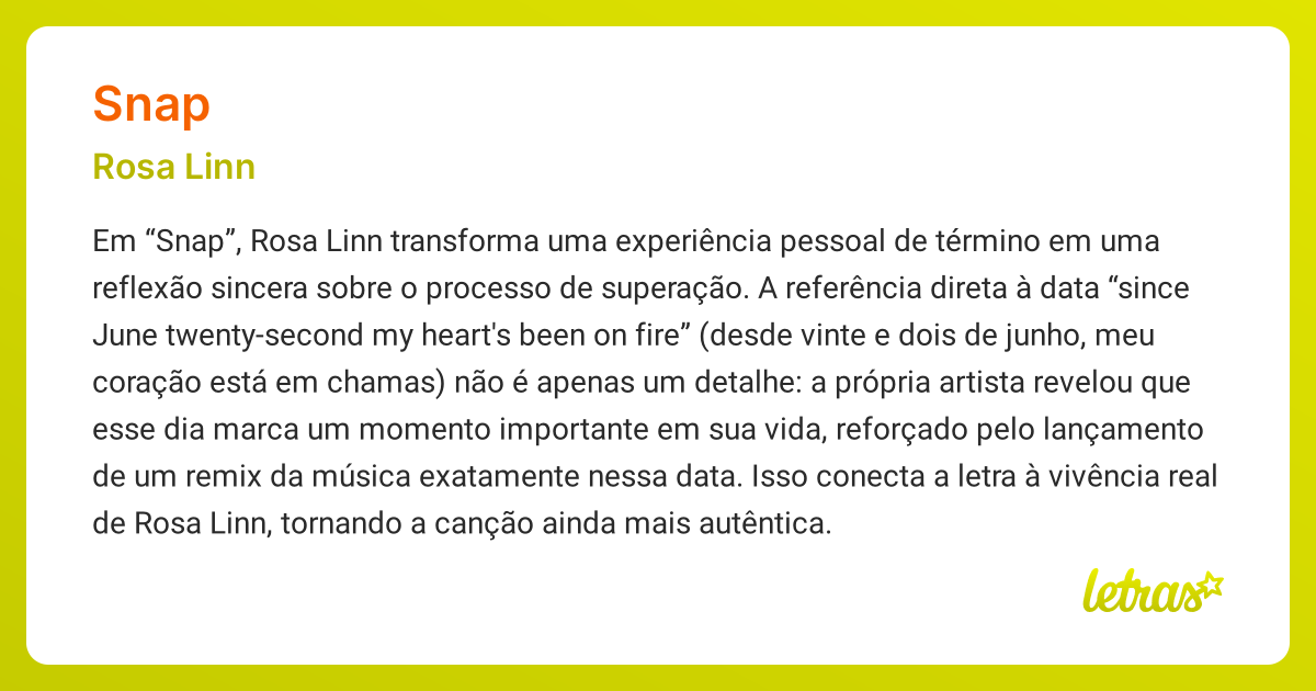 Significado da música SNAP (Rosa Linn) - LETRAS.MUS.BR