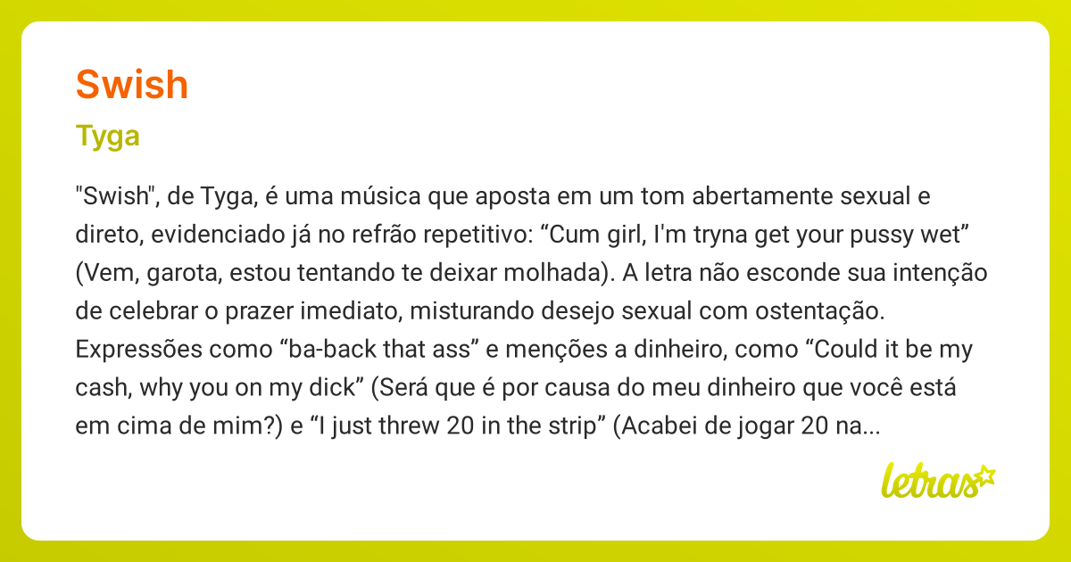 Significado da música SWISH (Tyga) - LETRAS.MUS.BR