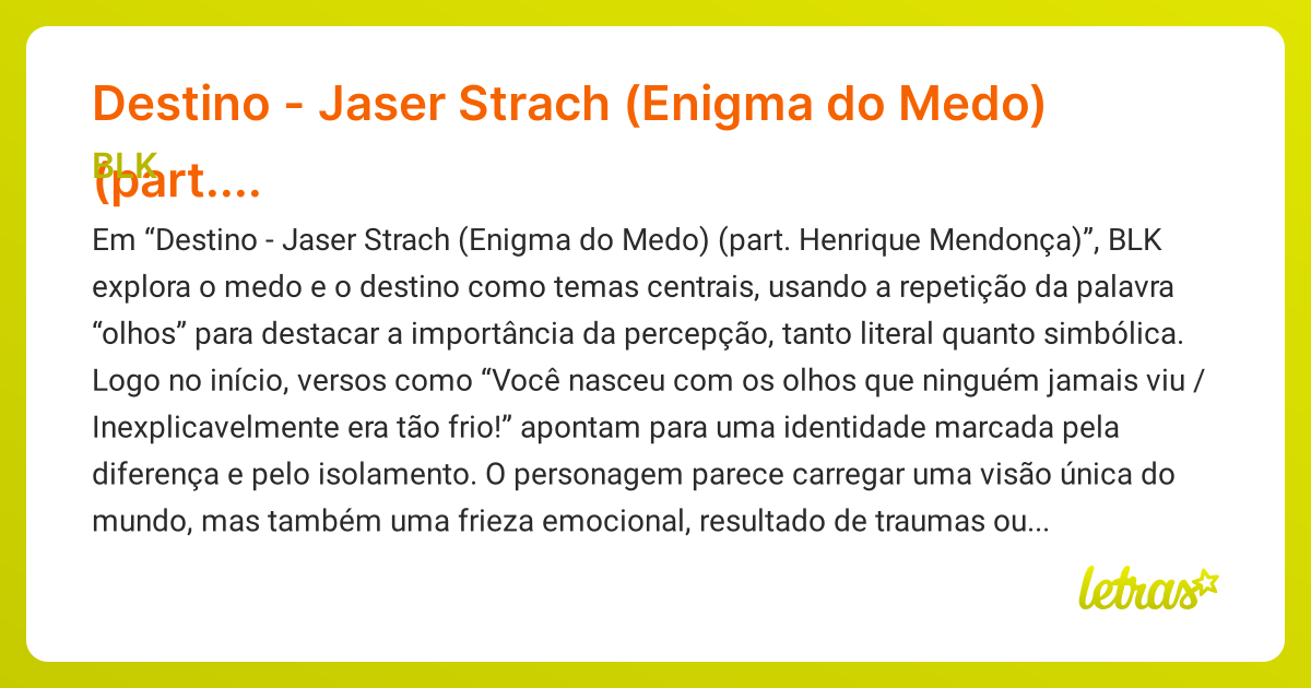 Significado da música Destino - Jaser Strach (Enigma do Medo) (part ...
