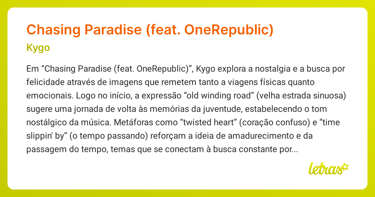Significado da música Chasing Paradise (feat. OneRepublic) (Kygo ...