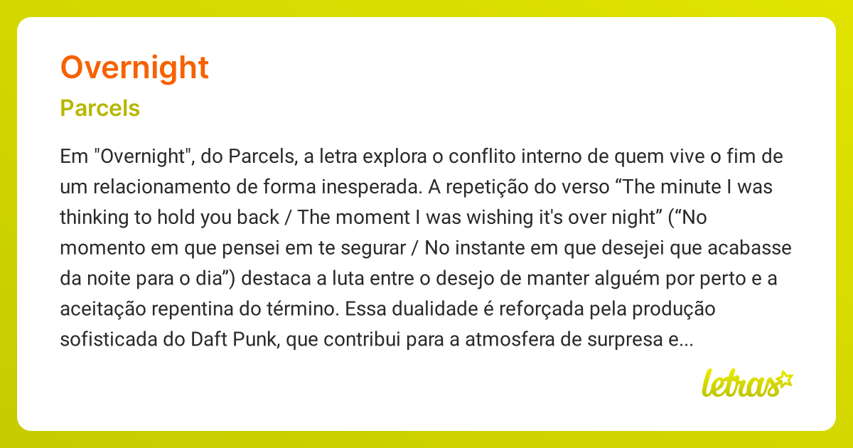 Significado da música OVERNIGHT (Parcels) - LETRAS.MUS.BR