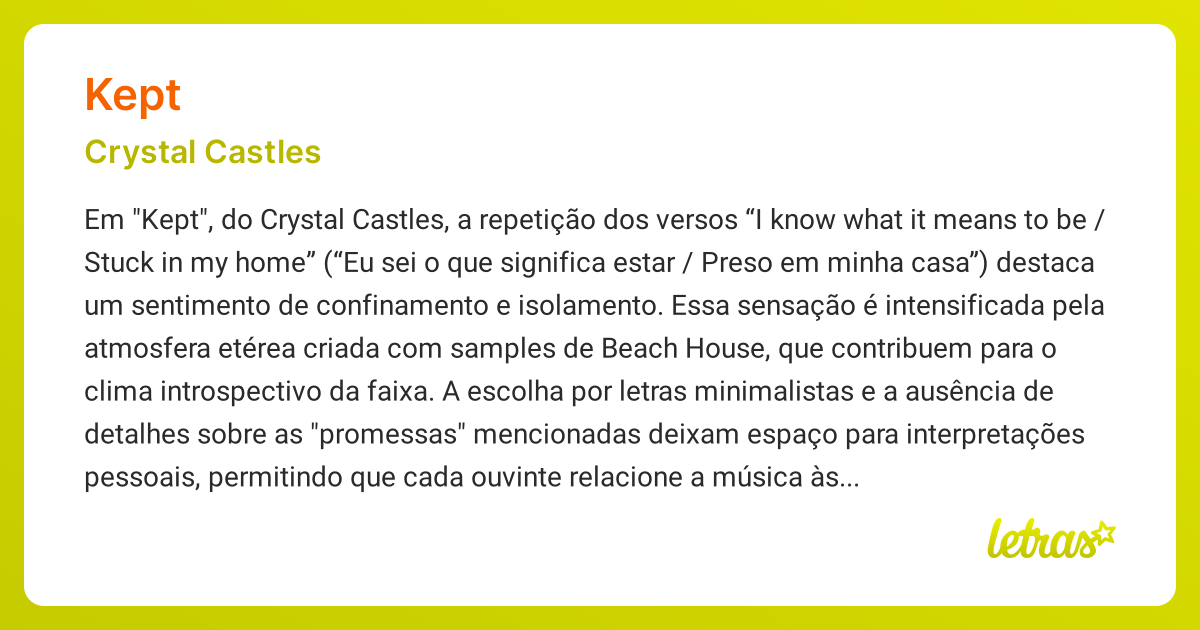 Significado da música KEPT (Crystal Castles) - LETRAS.MUS.BR