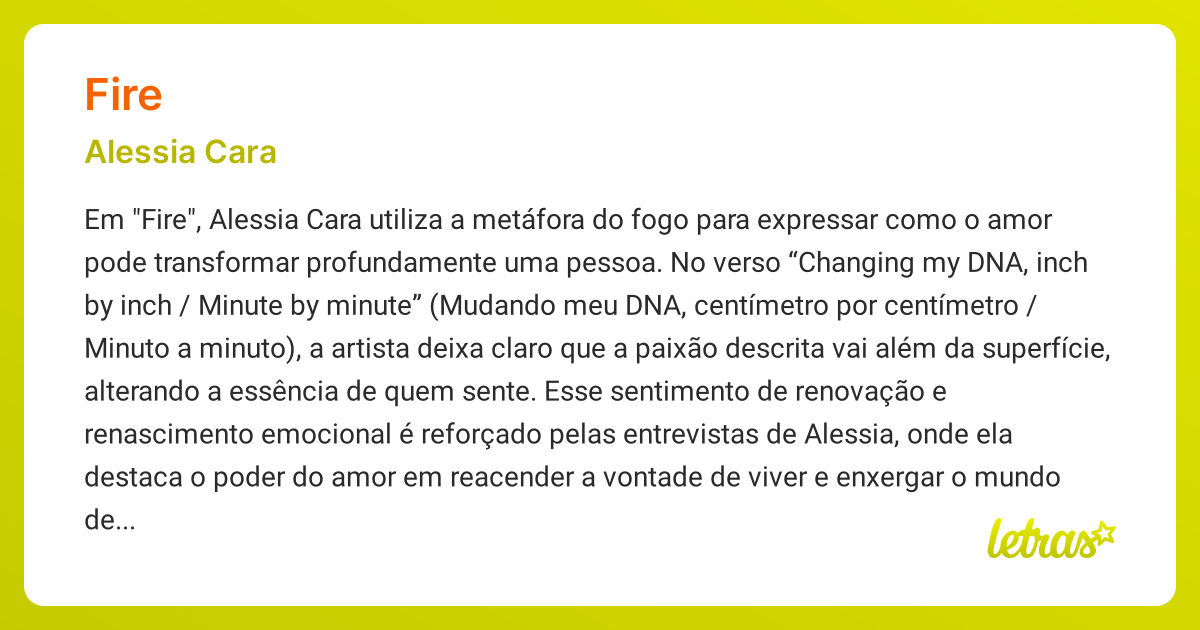 Significado da música FIRE (Alessia Cara) - LETRAS.MUS.BR