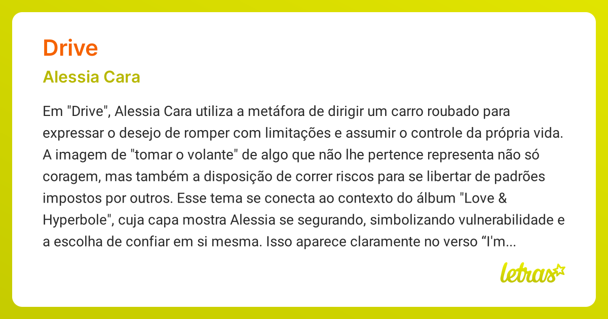 Significado da música DRIVE (Alessia Cara) - LETRAS.MUS.BR