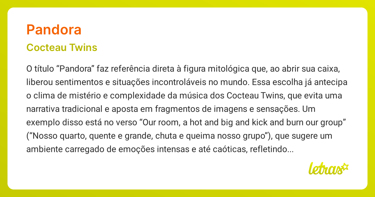 Significado da música PANDORA (Cocteau Twins) - LETRAS.MUS.BR