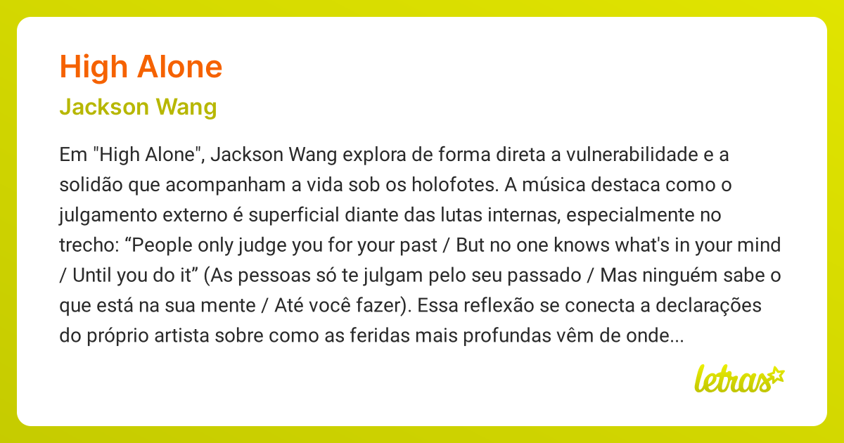 Significado da música HIGH ALONE (Jackson Wang) - LETRAS.MUS.BR