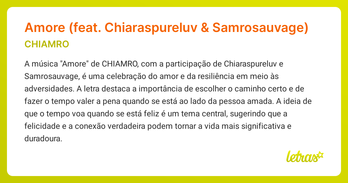 Significado da música Amore (feat. Chiaraspureluv & Samrosauvage) (CHIAMRO) - LETRAS.MUS.BR