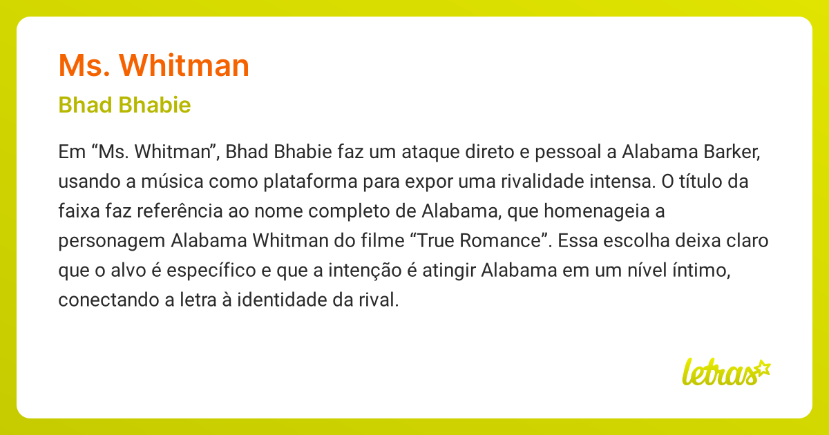Significado da música MS. WHITMAN (Bhad Bhabie) - LETRAS.MUS.BR