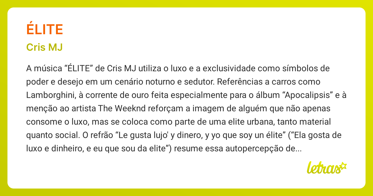 Significado da música ÉLITE (Cris MJ) - LETRAS.MUS.BR