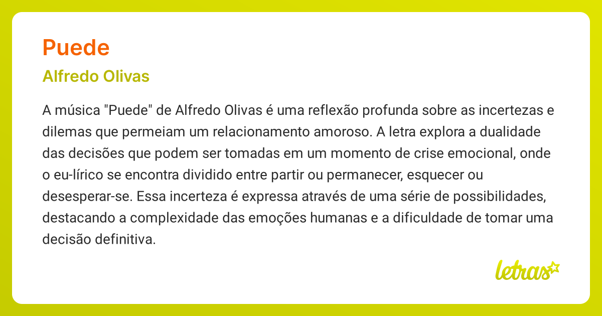 Significado da música PUEDE (Alfredo Olivas) - LETRAS.MUS.BR