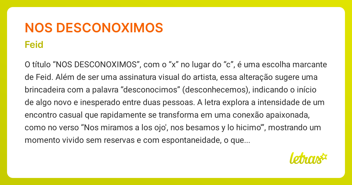 Significado da música NOS DESCONOXIMOS (Feid) - LETRAS.MUS.BR