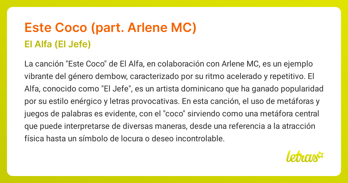 Significado de la canción ESTE COCO (PART. ARLENE MC) (El Alfa (El Jefe ...