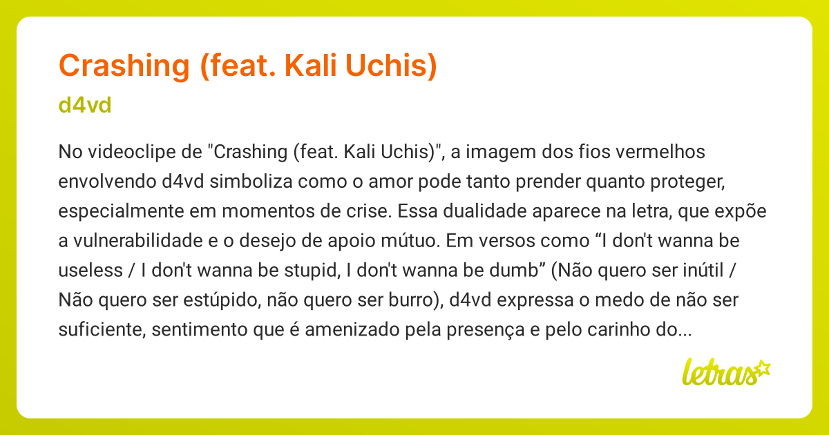 Significado da música CRASHING (FEAT. KALI UCHIS) (d4vd) - LETRAS.MUS.BR